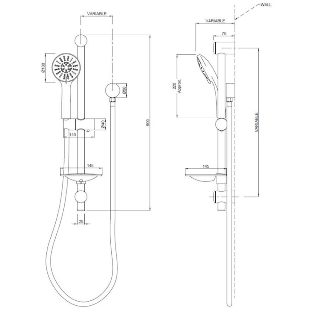 CASCADE II RAIL SHOWER AIRSTREAM 3 FUNCTION CHROME