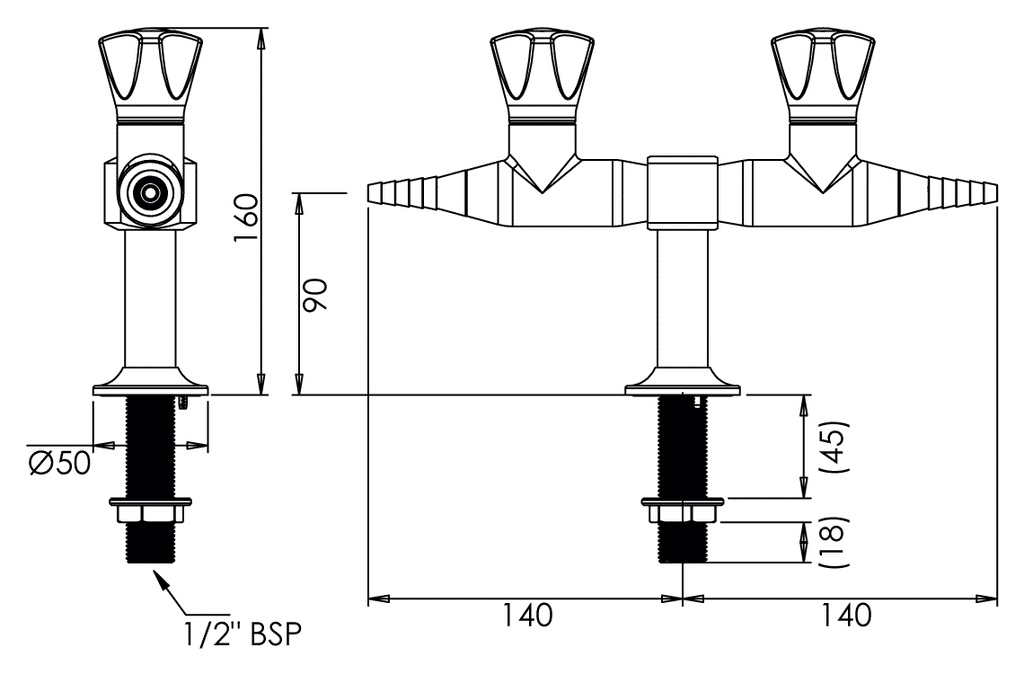 ComLab Two Way 180 Degree Bench Mounted Laboratory Tap with Isolation