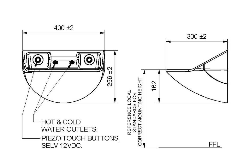 Wallgate Anti-Ligature, Anti-Vandal Solid Surface Basin with Dual Out